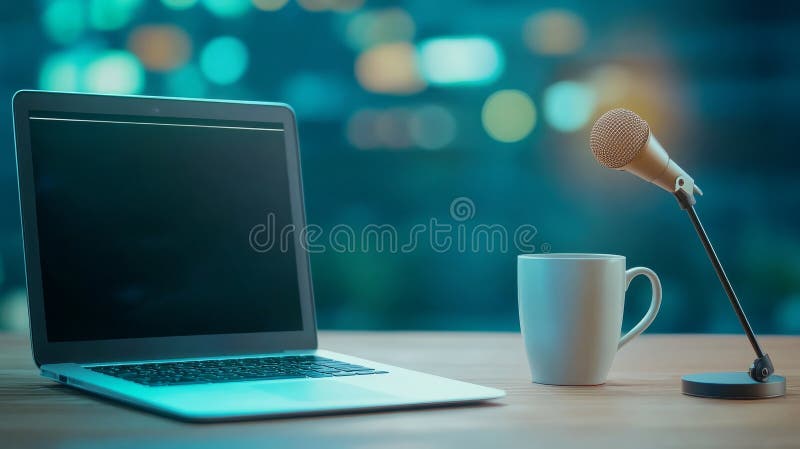 Laptop and Microphone Setup for Recording Podcasting on Table Stock ...