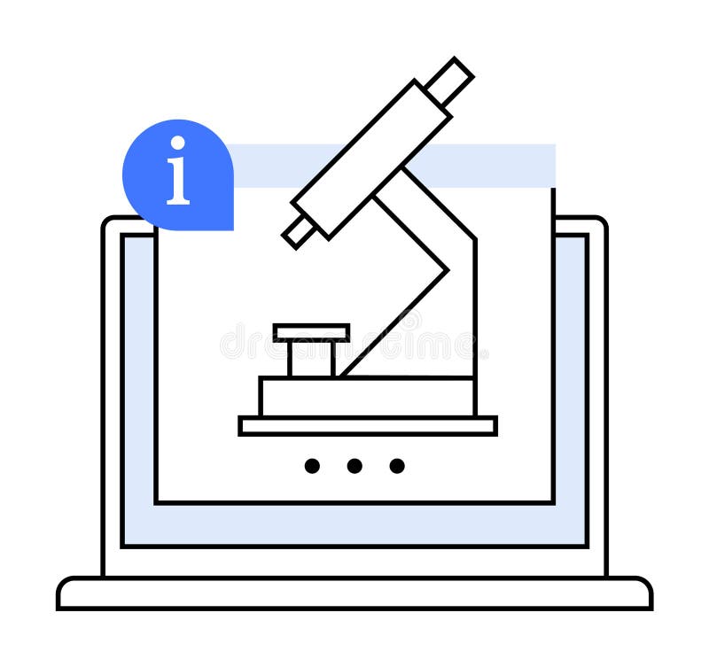 Laptop with Microscope, Information Icon and Three Dots Representing ...