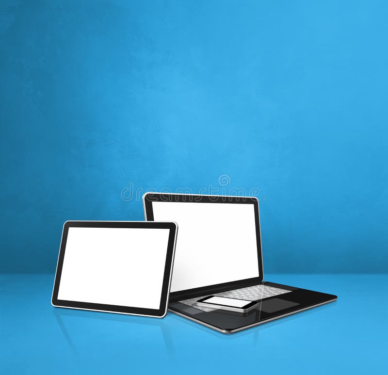 Laptop, Mobile Phone and Digital Tablet Pc on Blue Office Desk Stock ...