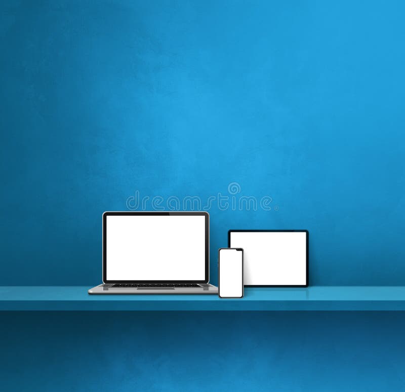 Laptop, Mobile Phone and Digital Tablet Pc on Blue Wall Shelf. Square ...