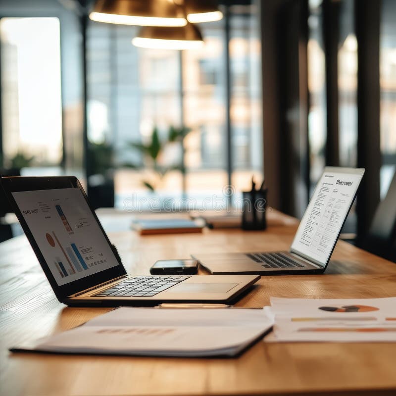 Laptop, Mobile Phone and Documents on the Table in Modern Office Stock ...