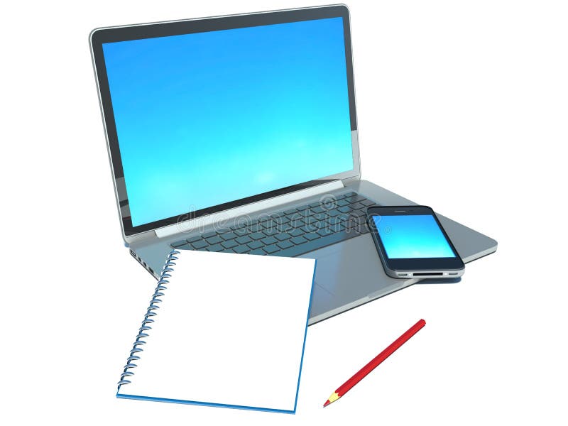 Laptop, Mobile Phone and Notebook Stock Illustration - Illustration of ...