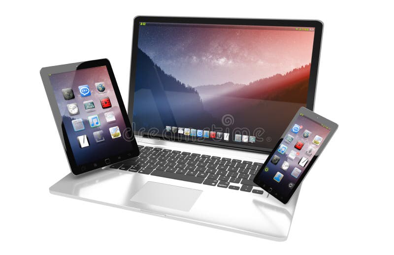 Laptop Mobile Phone and Tablet Connected To Each Other 3D Render Stock ...