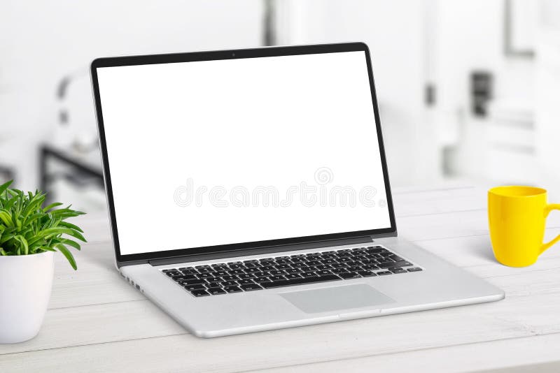 Laptop Mockup Close-up on White Desk. Work from Home Concept Stock ...