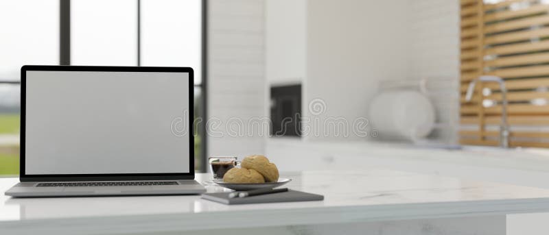 Laptop Mockup, Coffee Cup, Bread and Notebook on a Modern Marble White ...