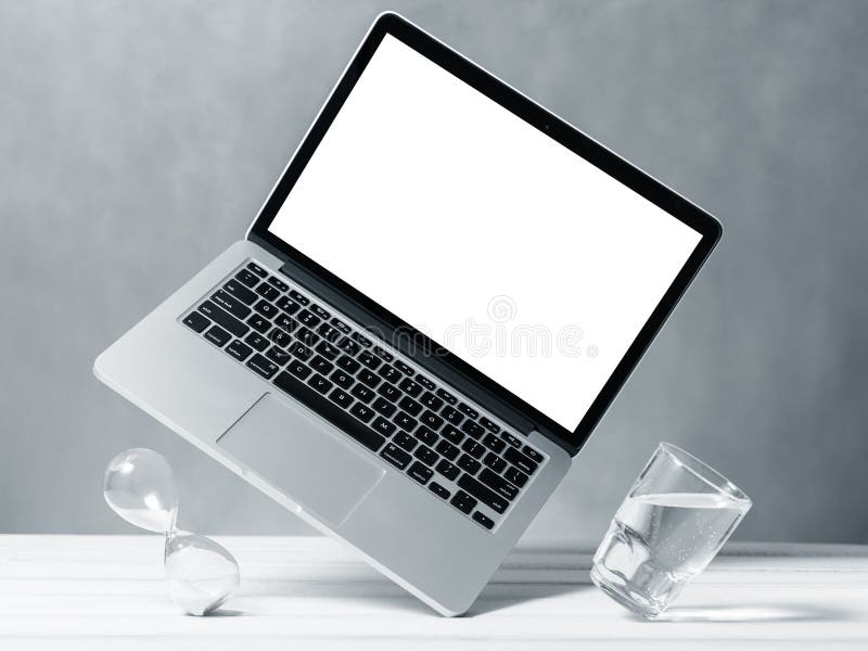 Laptop Mockup, Computer with Blank Screen Flying Under the Table ...