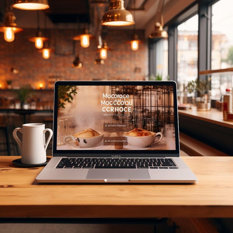 Laptop Mockup Placed in a Cozy Coffe Stock Illustration - Illustration ...