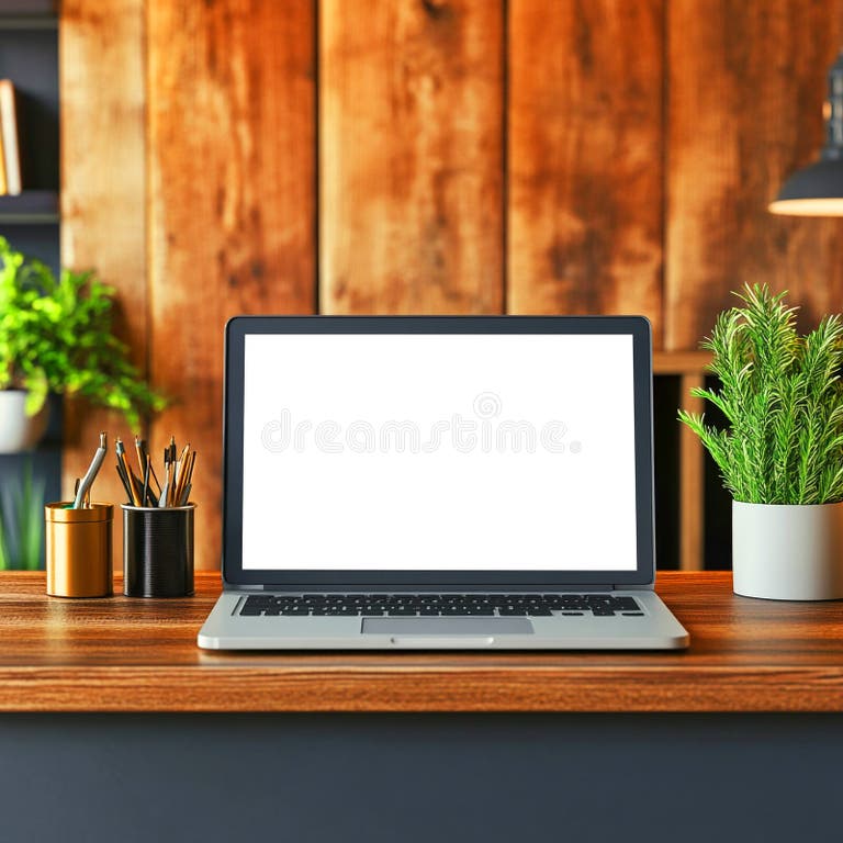 Laptop Mockup Rustic Wood Desk Workspace Background Stock Illustration ...