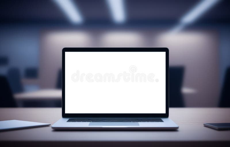 Laptop Mockup Template on Office Workplace Desk, White Screen Mockup ...