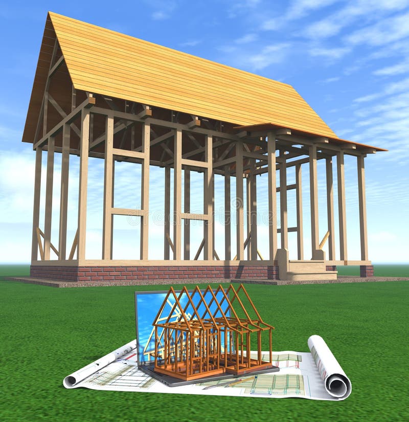 Laptop, Model of the House and Frame House. Stock Illustration ...