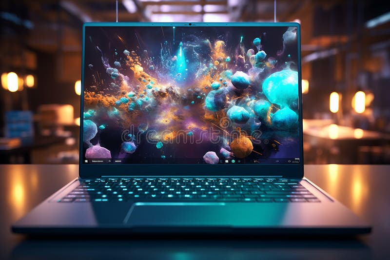 Laptop with Modern Technology on Table with Screen Showing Abstract ...