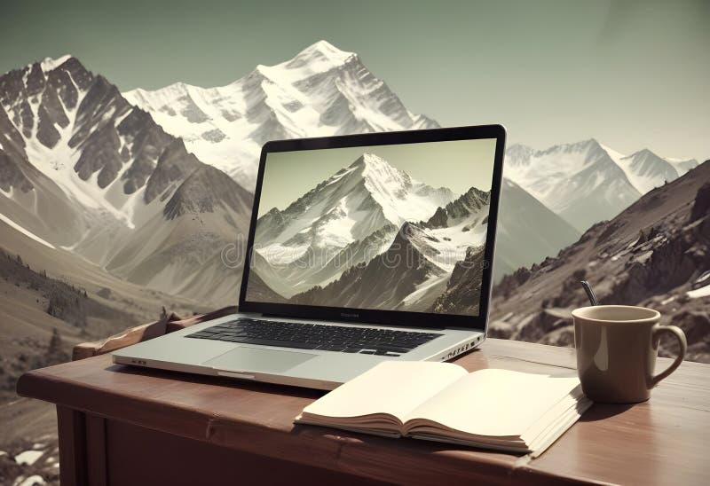 A Laptop with a Mountain Range on the Screen is Placed on a Wooden Desk ...