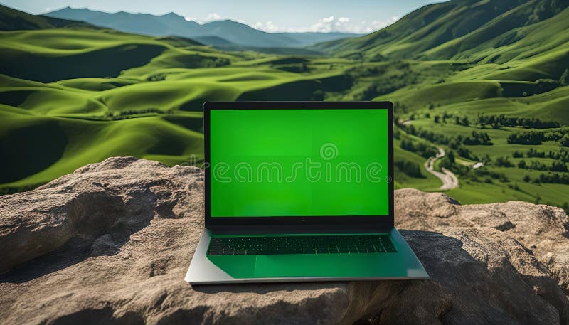 Laptop on a Mountain Ridge stock illustration. Illustration of summer ...