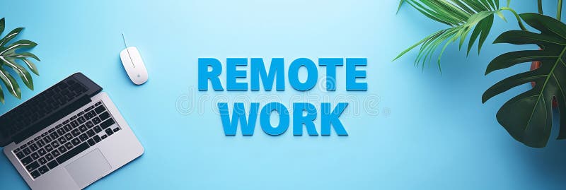A Laptop, Mouse, and Greenery Create a Remote Work Setup Against a Blue ...