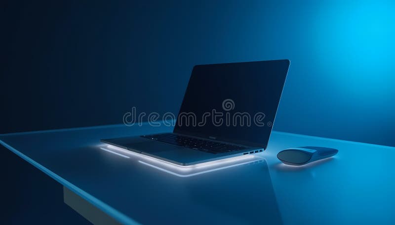 Laptop and Mouse on Illuminated Table Stock Illustration - Illustration ...
