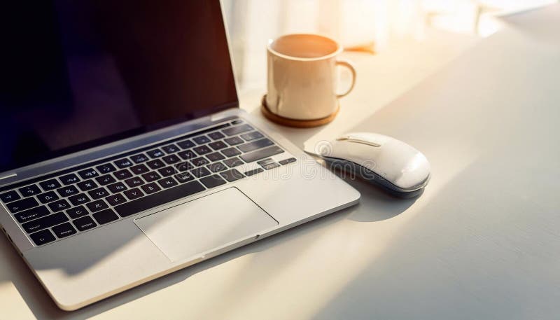 Laptop and Mouse on a White Table Stock Illustration - Illustration of ...