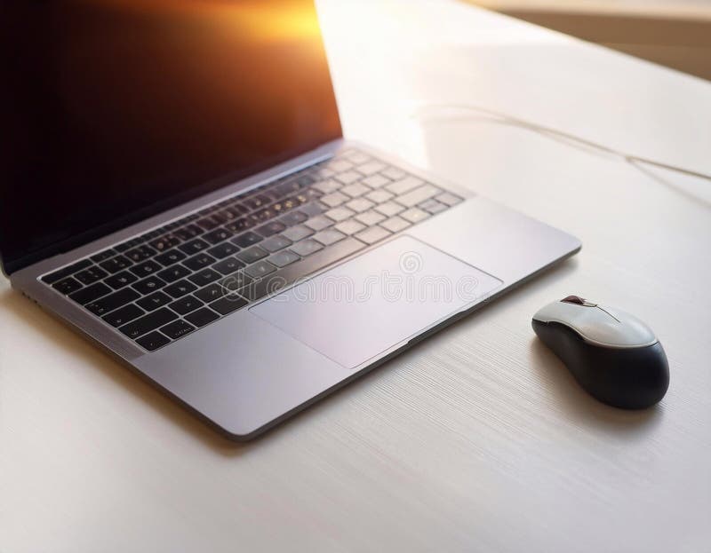 Laptop and Mouse on a White Table Stock Illustration - Illustration of ...