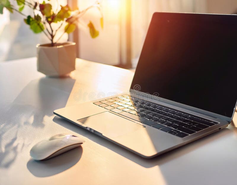 Laptop and Mouse on a White Table Stock Illustration - Illustration of ...