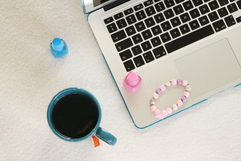 Laptop, Mug and Nail Polish Editorial Photo - Image of home, white ...