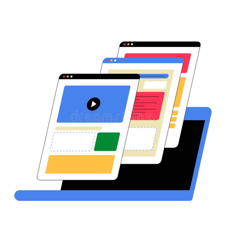Laptop with Multiple Website Windows in Flat Vector Illustration ...