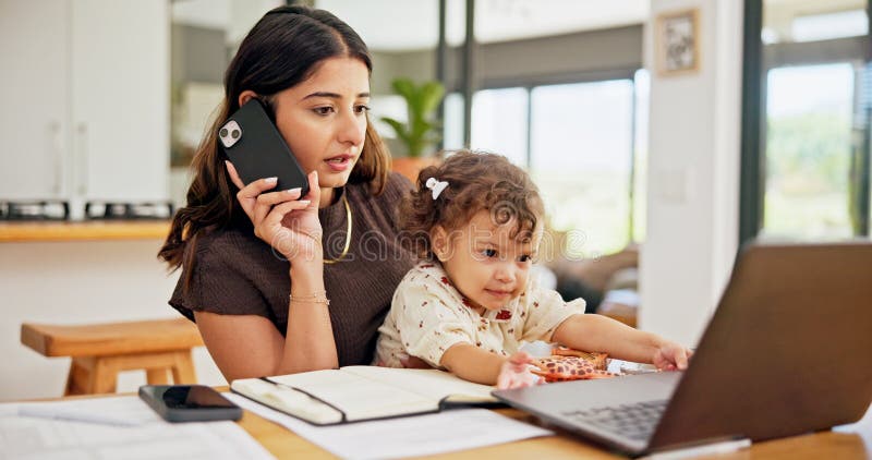 Laptop, Multitask or Phone Call with Mother and Baby in Home for ...