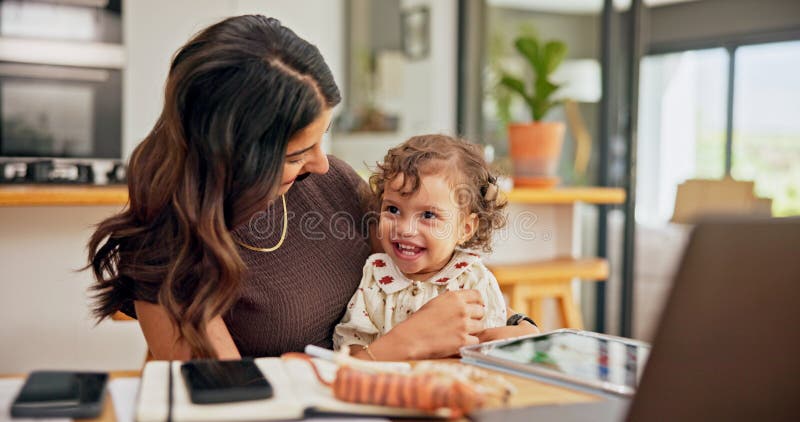 Laptop, Multitasking or Remote Work with Mother and Baby in Home for ...