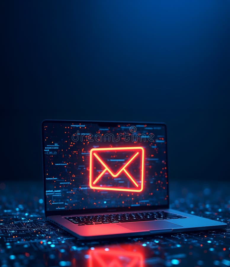 Laptop with Neon Email Icon on Screen in Dark Room, Digital ...