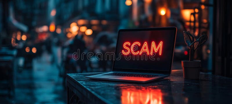 Laptop with Neon Glowing Scam Text on Screen, Warning Concept ...