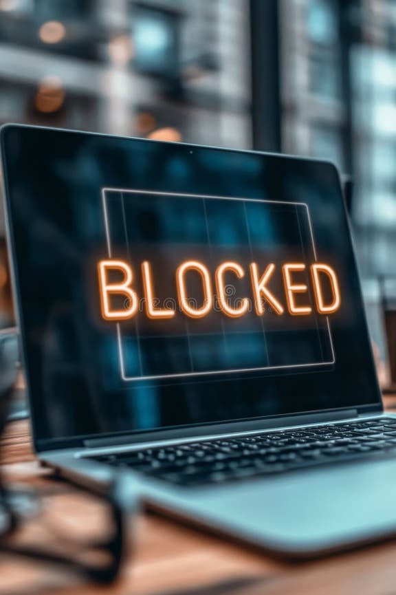 Laptop with Neon Text Blocked Displayed on Screen, Cybersecurity and ...