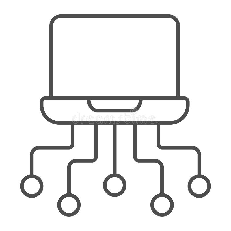 Laptop with Network Thin Line Icon, Online Education Concept ...