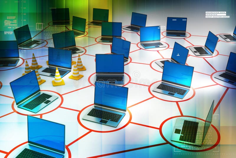 Laptop Network with Traffic Cone Stock Illustration - Illustration of ...