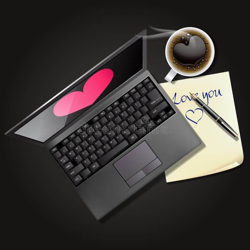 Laptop and Note Paper with Black Coffee Stock Vector - Illustration of ...