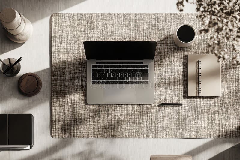 Laptop, Notebook, Coffee Cup and Pencils on a Beige Desk Mat Stock ...