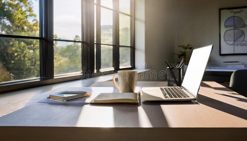 Laptop, Notebook, and Coffee Mug on a Desk with a Minimalist Setup in ...