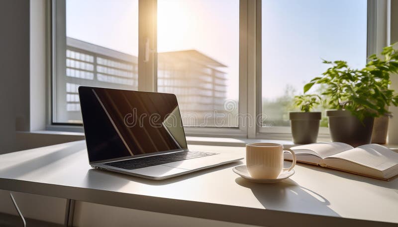 Laptop, Notebook, and Coffee Mug on a Desk with a Minimalist Setup in ...