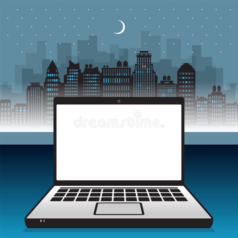 Laptop or Notebook Computer on Night City Skylin Stock Vector ...