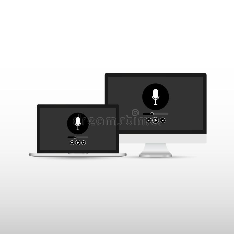 Laptop Notebook Computer Screen. Hand Holding Megaphone. Podcast Text ...