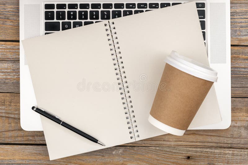 Laptop, Notebook and Disposable Paper Cup, Top View. Stock Image ...