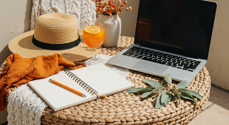 Laptop, Notebook and Drink on Wicker Table for Relaxed Remote Work ...