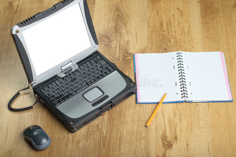 Laptop with Notebook and Pen on Panels Stock Photo - Image of laptop ...