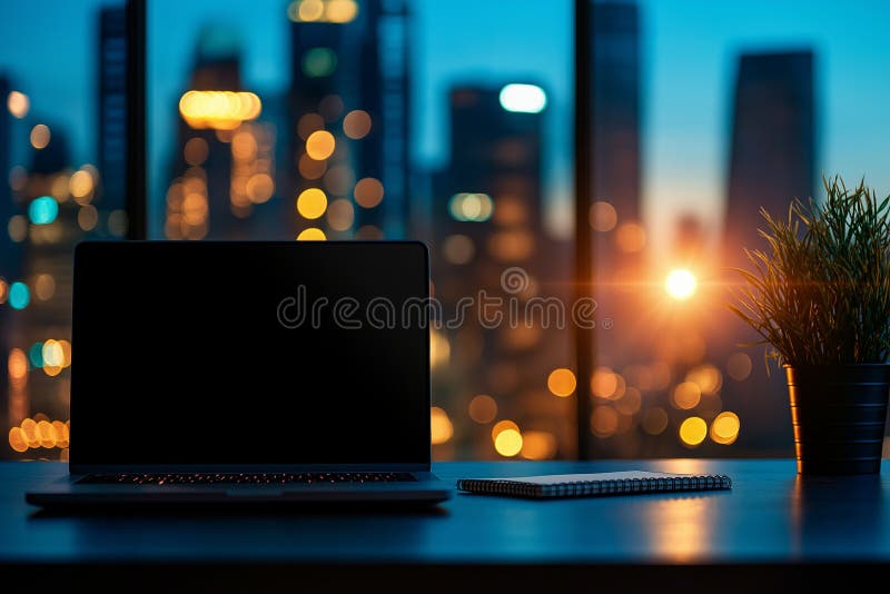Laptop and Notebook Sit on Table in Office with City Skyline View at ...