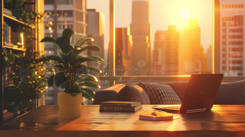 Laptop and Notebook on the Table in the Office at Sunset, Generative AI ...