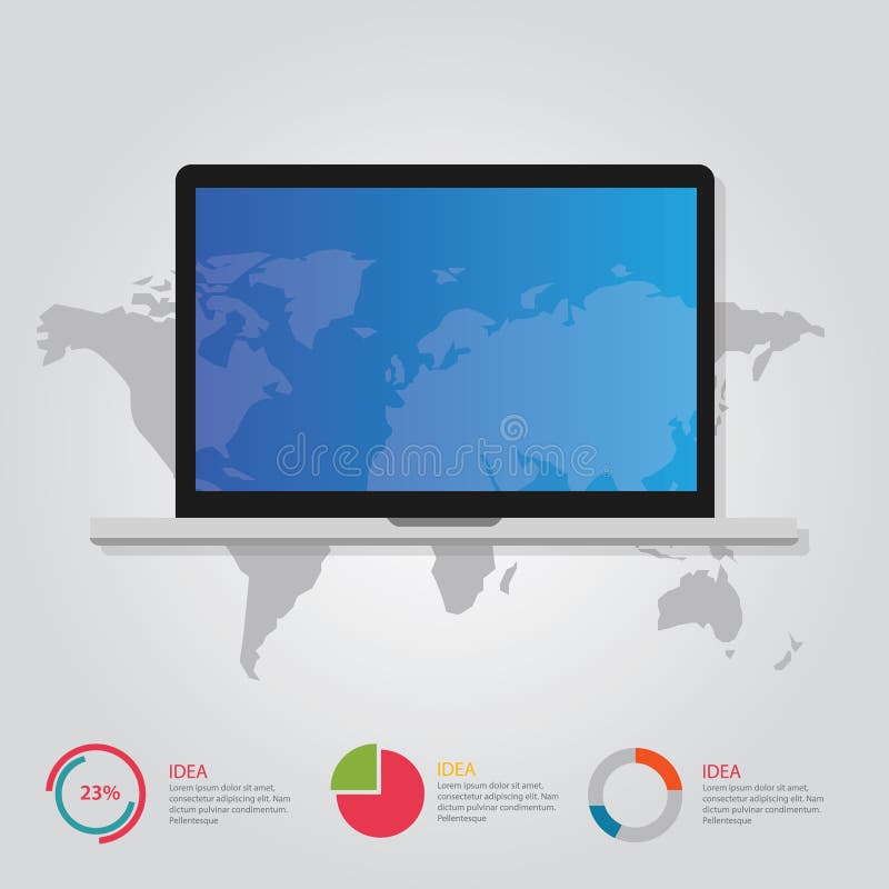 Laptop Notebook and World Map Info Graphic Communication Online ...
