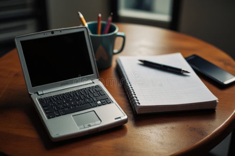 Laptop, Notepad, and Cellphone on a Work Desk Stock Illustration ...