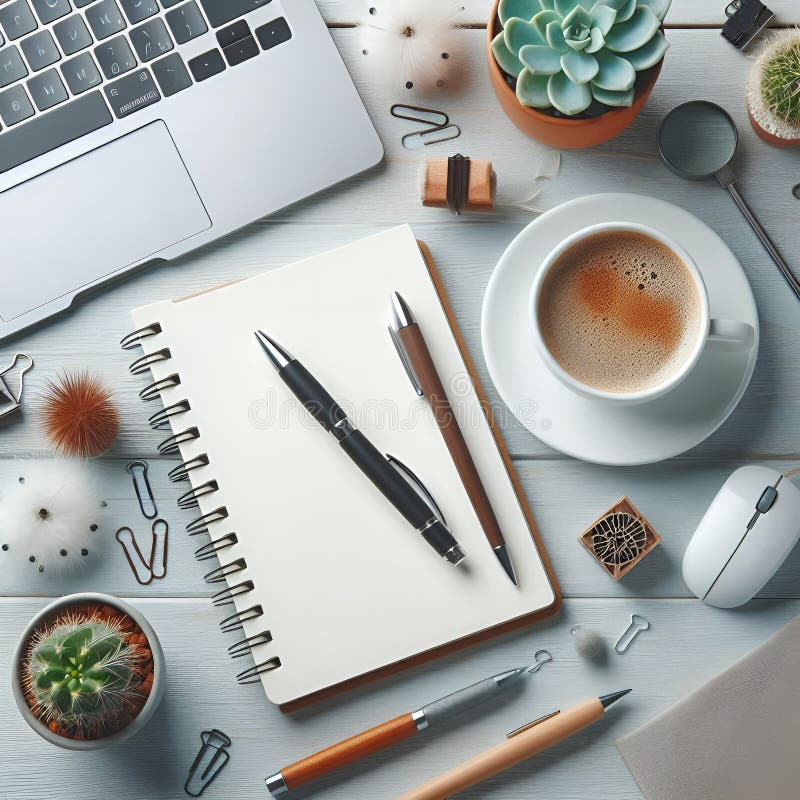 Laptop, Notepad, Cup of Coffee, Pens on the Desk, a Workplace for a ...