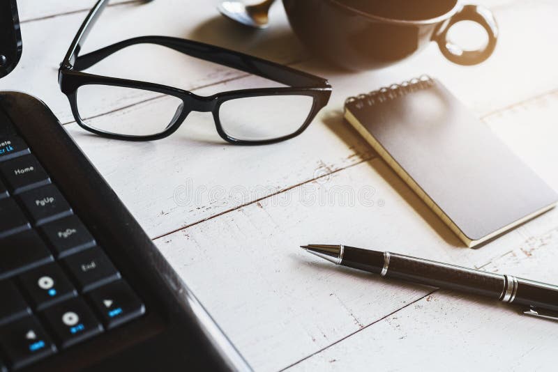 Laptop with Notepad and Cup of Coffee Stock Image - Image of computer ...