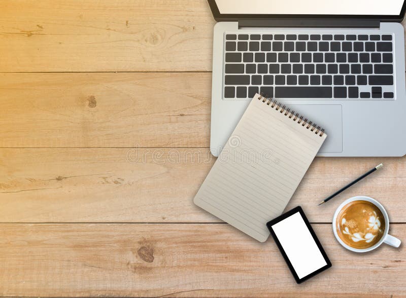 Laptop Notepad Smartphone and Coffee on Wood Table Stock Image - Image ...