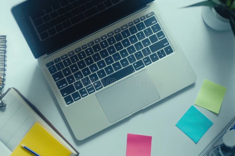 Laptop, Notepad, and Sticky Notes on a White Desk Stock Illustration ...