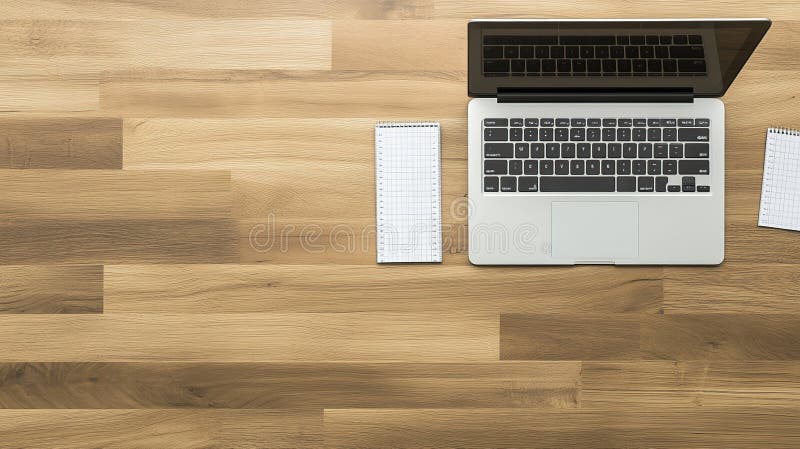 Laptop, Notepad, Wood Desk, Overhead View, Workspace Stock Photo ...