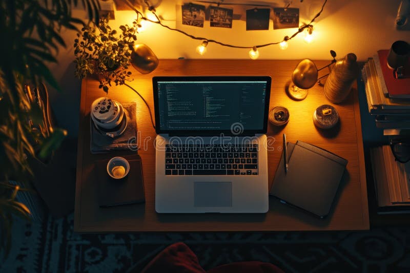 A Laptop and a Notepad on a Wooden Desk with a String of Lights Stock ...
